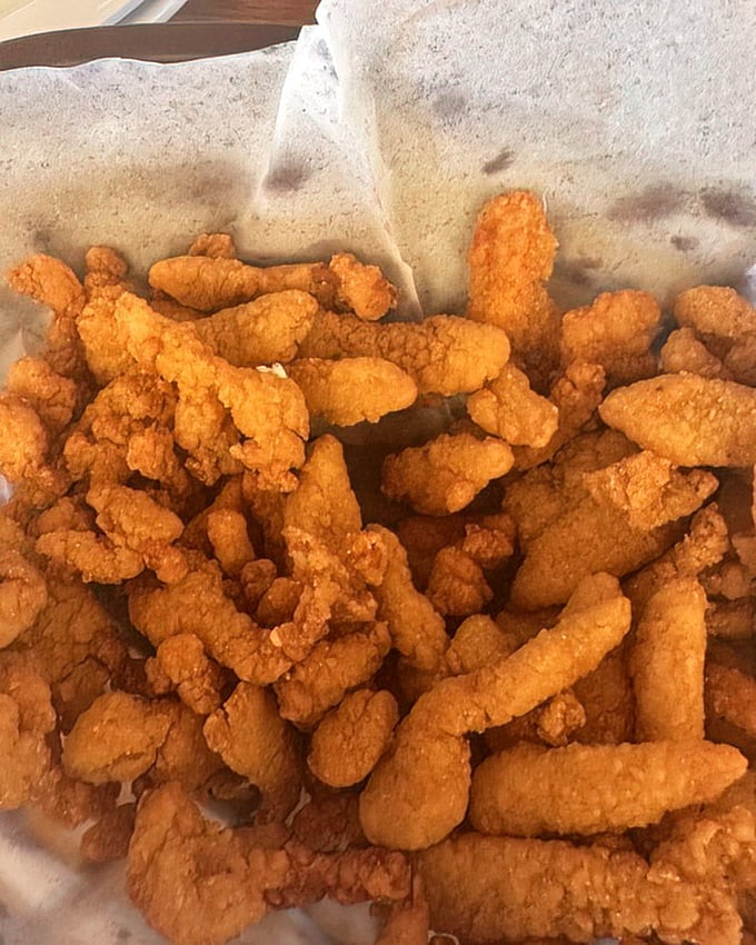 Golden-fried clam strips that crunch like your favorite childhood memories, only better because you're eating them on a boat.