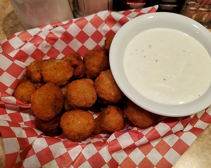 Golden-fried mushrooms with ranch dressing&mdash;proof that vegetables can be transformed into something gloriously, unapologetically indulgent.