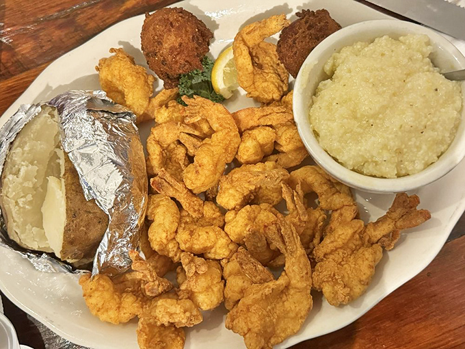 A seafood platter that answers the eternal question: "Why choose one when you can have it all?" Grits and fried shrimp&mdash;a match made in Georgia heaven.