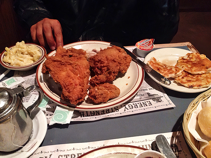 Fried chicken so perfectly golden, it deserves its own trophy. Paired with those pancakes, it's the breakfast-lunch alliance we all need.