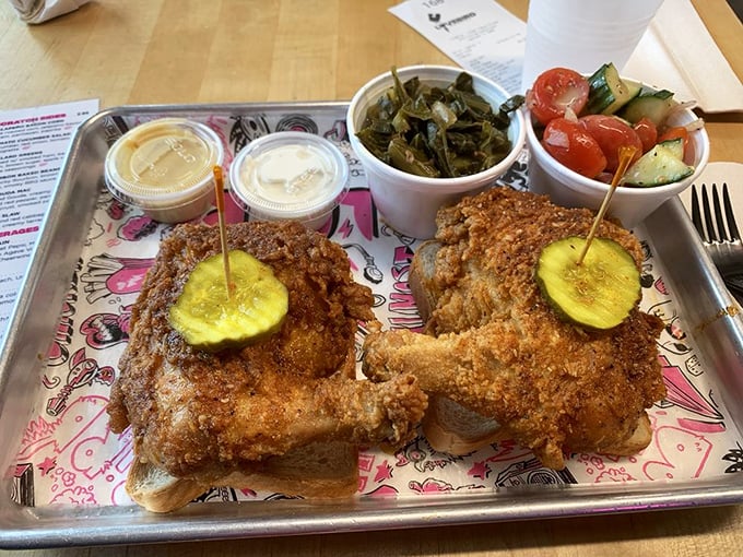 Southern hospitality on a metal tray&mdash;golden chicken with the perfect crunch factor, flanked by collards and tomato cucumber salad for guilt management.