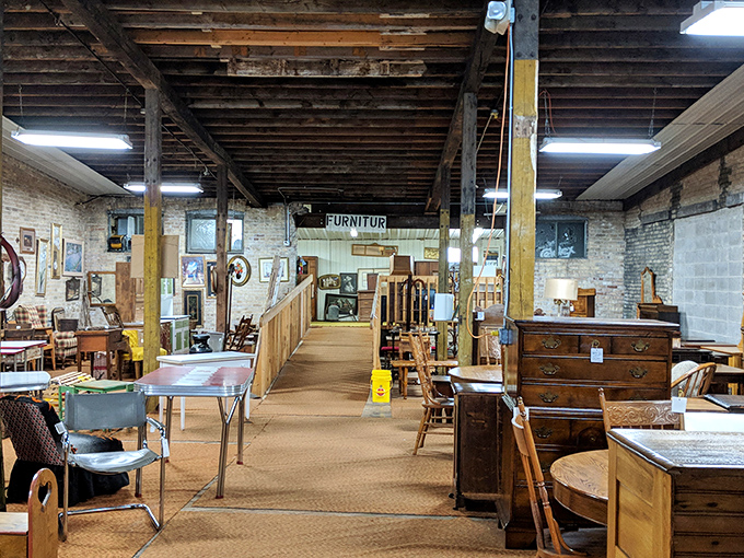The furniture section feels like walking through America's living room history&mdash;exposed brick walls providing the perfect backdrop for yesterday's comfort.