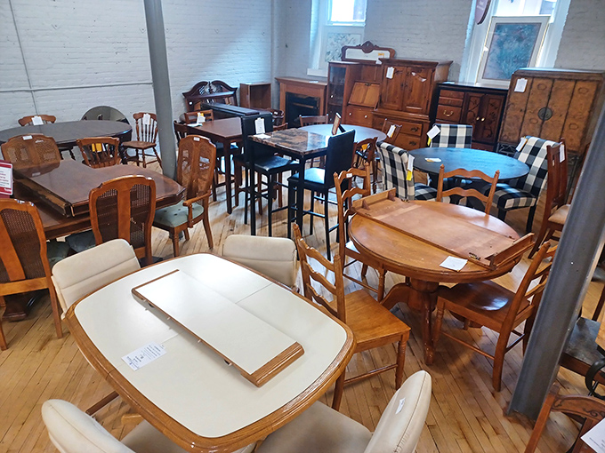 A furniture wonderland where dining sets mingle freely, creating unexpected but somehow perfect design combinations.