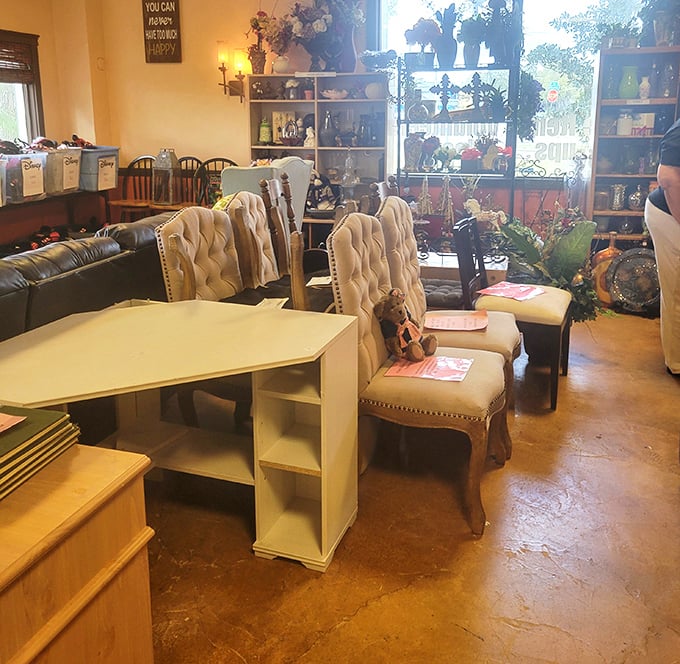 Elegant tufted chairs that whisper "I belonged in a fancy parlor" sit beside practical desks. Furniture with past lives and future potential.