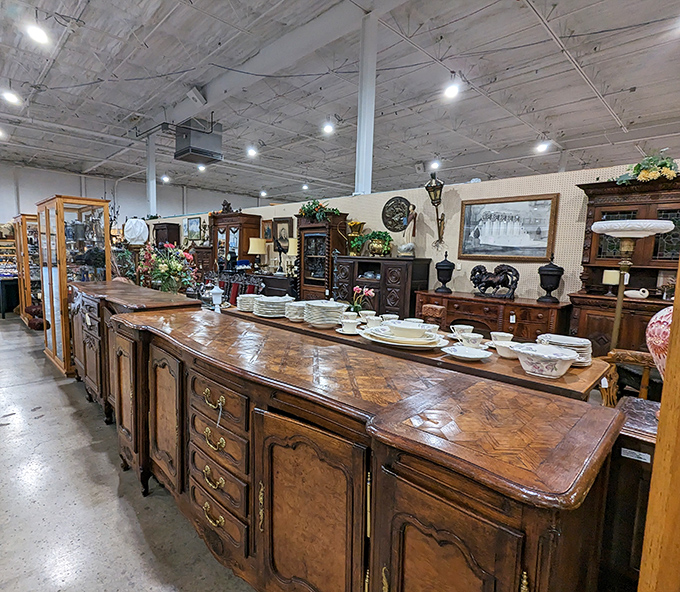 Antique sideboards lined with vintage china create a display that would make your grandmother both proud and slightly jealous of your find.