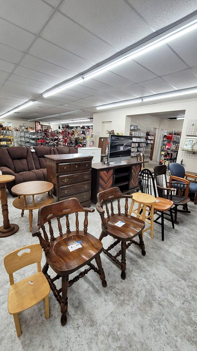 Not your grandmother's hand-me-downs! This furniture section showcases solid wood chairs and quality pieces that whisper, "I've got stories to tell."