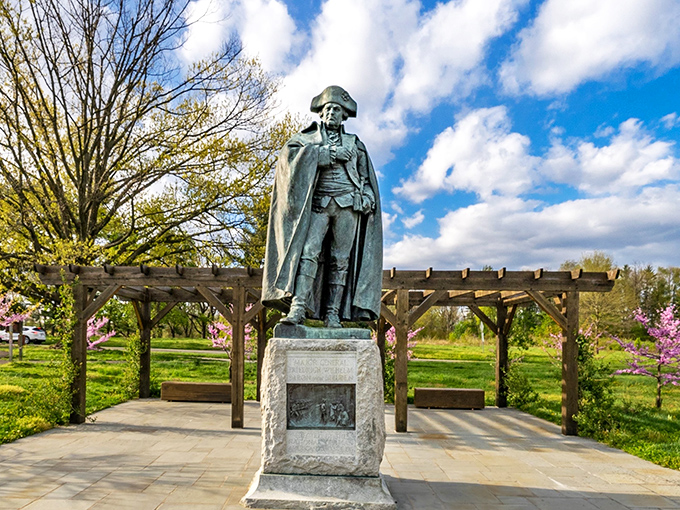 Von Steuben strikes his most commanding pose, as if to say, "Your modern military training has nothing on my Prussian drill techniques."