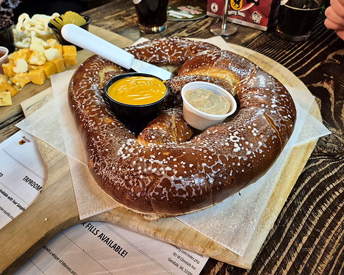 This isn't just a pretzel; it's an edible monument to German baking traditions, complete with mustard pools worthy of a dive.