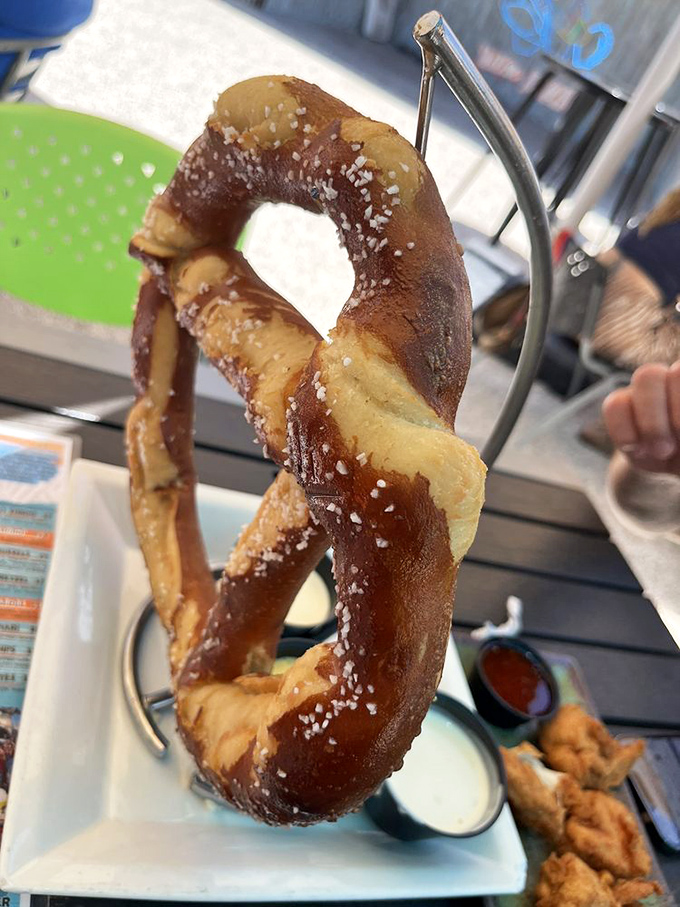 These giant pretzels arrive like edible sculptures, proving size absolutely matters when hunger calls.