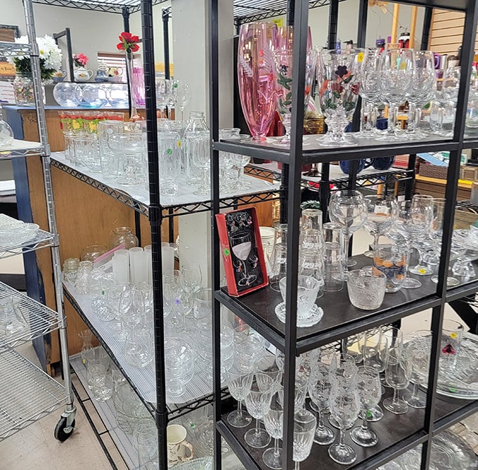 Crystal kingdom where your grandmother's forgotten glassware finds new admirers. That pink depression glass is practically winking at you.