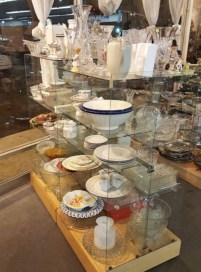 Crystal and china that once graced elegant tables now await new dinner parties. These glass shelves hold entertaining possibilities at fraction-of-retail prices.