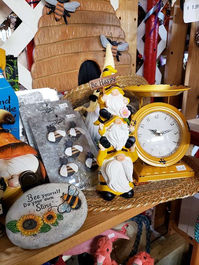 Be Happy proclaims the sunny gnome trio, while nearby a stone reminds you to "Bee Yourself." Wisconsin's sense of humor, displayed with unabashed farmhouse pride.