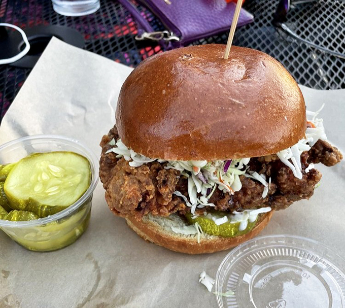 Not your average chicken sandwich! This golden-fried masterpiece on a brioche bun is what your childhood sandwich dreams grow up to become.