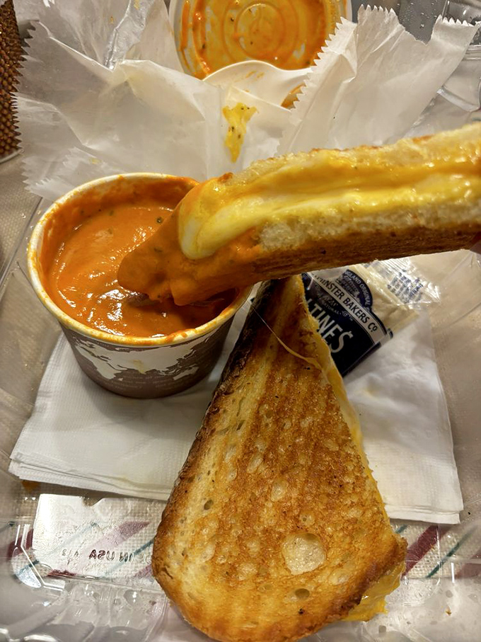 Grilled cheese and tomato soup—childhood's perfect couple, all grown up. That cheese pull deserves its own slow-motion sequence in the movie of your life.