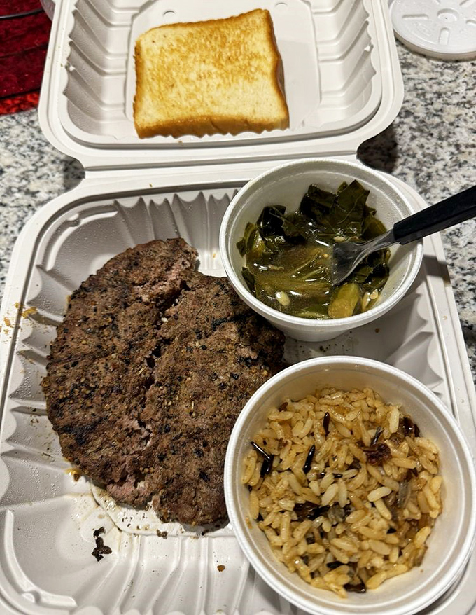 Comfort food gets the royal treatment: a burger steak with collard greens and rice that would make your Southern grandmother nod in approval.