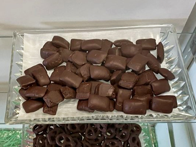 Chocolate-covered delights arranged with care – each piece slightly different from the next, the telltale sign of human hands at work.