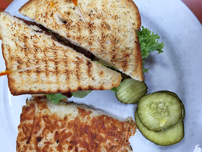 The humble sandwich elevated to art form, with perfectly golden hash browns standing guard. That pickle isn't just garnish&mdash;it's necessary balance.