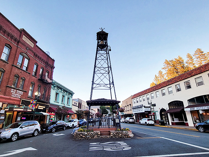 Evening transforms Placerville's historic bell tower into a glowing landmark, guiding visitors to the heart of a downtown that refuses to surrender its character to time.
