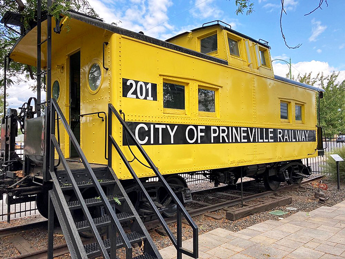 This sunny yellow caboose isn't going anywhere, but it'll transport you back in time. Prineville's railway history parked permanently for your viewing pleasure.
