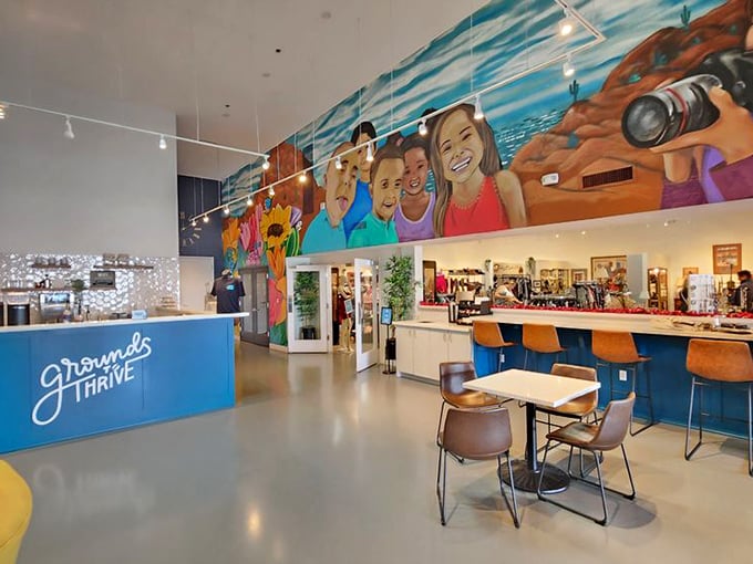 The caf&eacute; area isn't just an afterthought&mdash;it's command central for plotting your shopping strategy. That vibrant mural tells stories while you fuel up on caffeine.