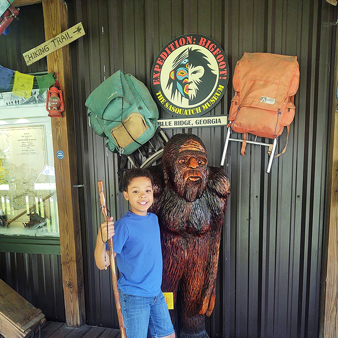 Young explorers can measure up against a Sasquatch model. Notice how the backpacks hang nearby&mdash;perfect for a quick getaway if the real thing shows up.