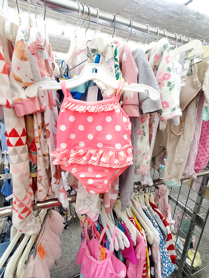Tiny fashion statements hanging in colorful rows. That polka-dot swimsuit might have missed its beach day last summer, but it's ready for yours.
