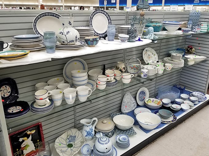 Delicate china patterns and sturdy everyday dishes coexist peacefully on these shelves, waiting to host everything from midnight snacks to holiday feasts.
