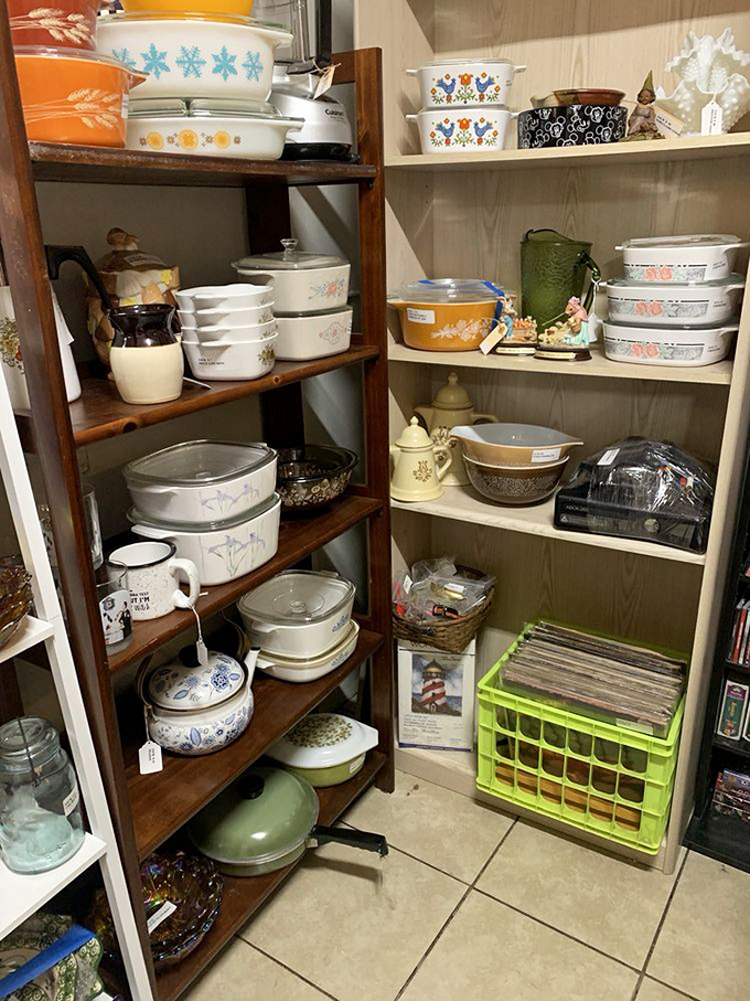 The Pyrex motherlode! Snowflake patterns, Butterprint designs, and Corningware that survived thousands of family dinners now await their next kitchen adventure.