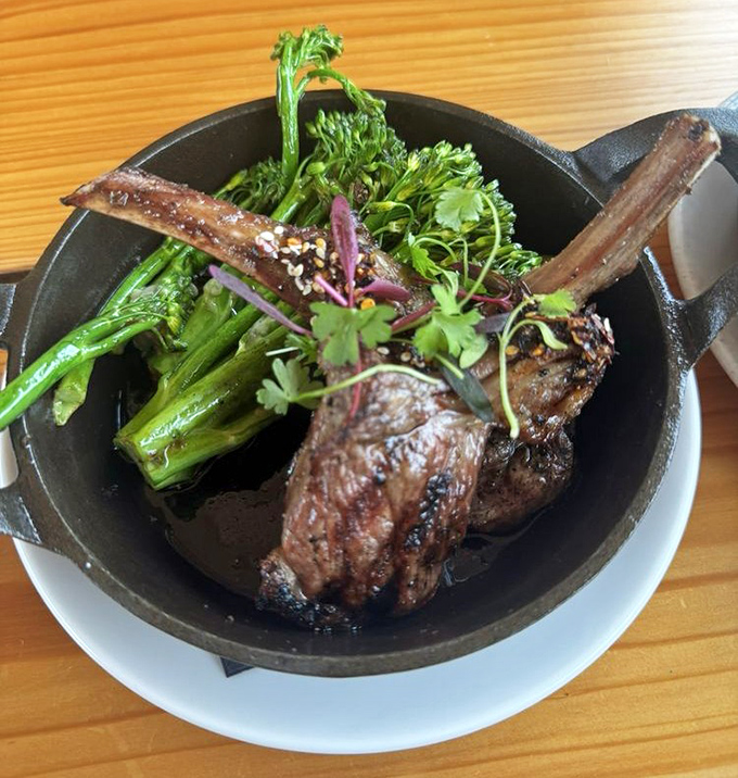 Lamb lollipops that would make a vegetarian consider a career change. Served in cast iron with seasonal greens, it's primal elegance on a plate.