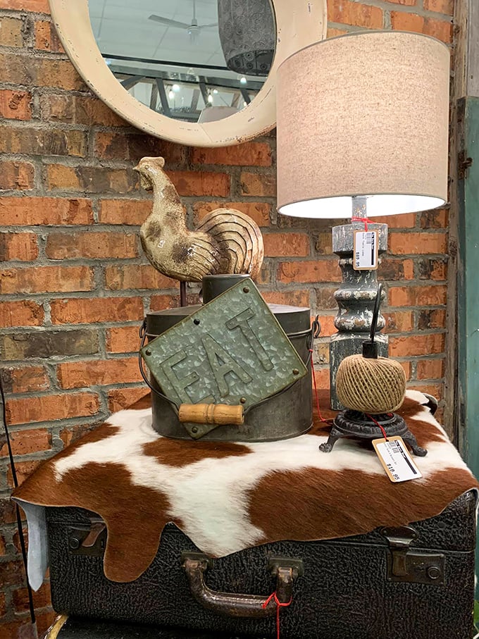 This vintage-inspired display could convert even the most minimalist decorator into someone who says, "Yes, I do need that rooster."