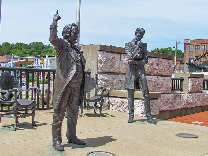 The Lincoln-Douglas debate statues stand frozen in time, reminding visitors that Alton's historical significance far outweighs its modest size.