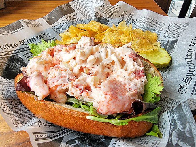 Behold the lobster roll in all its glory &ndash; chunks of sweet meat barely contained by its toasted vessel. A newspaper liner means business.