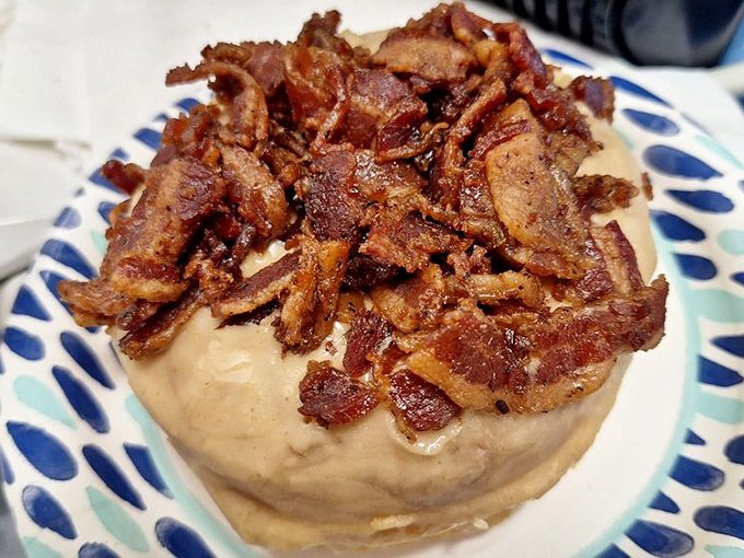 The maple bacon donut that ruins all other breakfast foods. Why choose between sweet and savory when this beauty offers the perfect marriage of both?