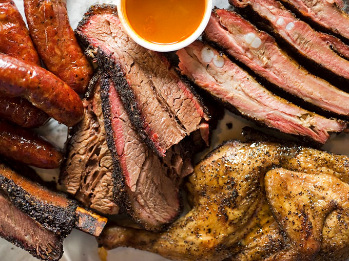The Texas Trinity plus friends &ndash; a meat bouquet that renders conversation impossible except for occasional grunts of approval.