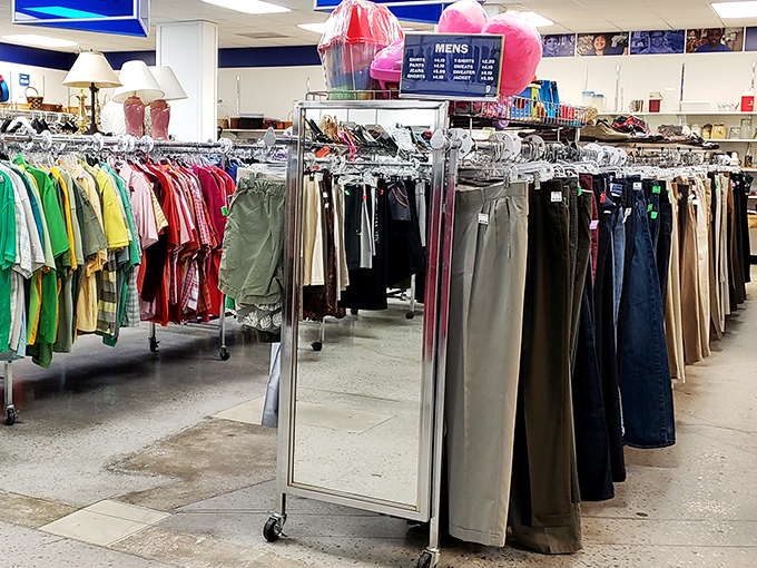 The men's department: where Hawaiian shirts from vacations past find new life and dress pants await their next big meeting.