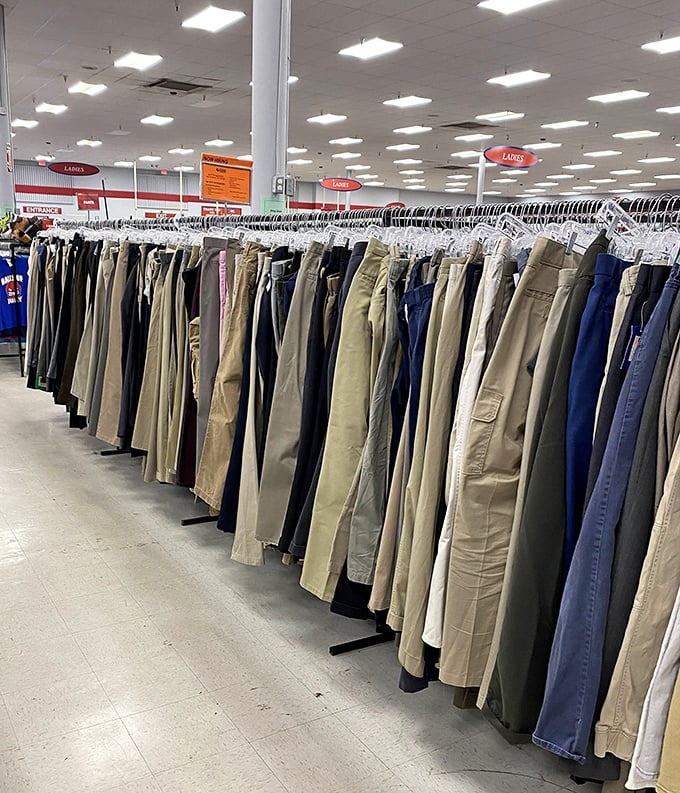 The men's pants section offers enough khakis and slacks to outfit every dad in Texas for the next decade.