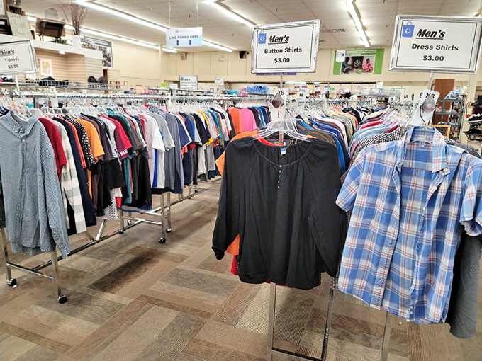 The men's clothing section offers enough button-downs to dress every dad in Ohio for casual Friday until retirement.