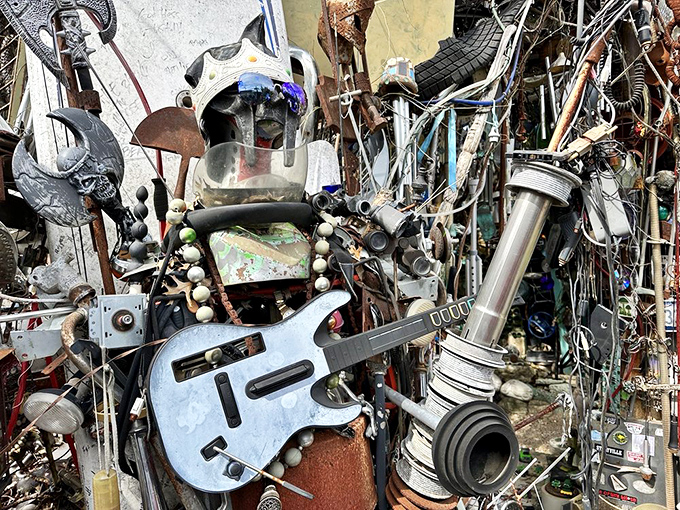 What looks like a post-apocalyptic knight stands guard, armed with a guitar hero controller and the confidence of someone who's found their purpose in life.