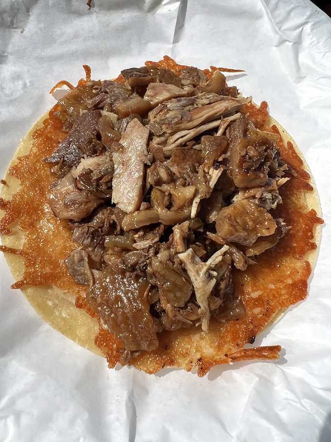 Behold the naked carnitas taco in all its glory. The crispy-meets-tender pork sits like royalty on its throne of handmade tortilla.