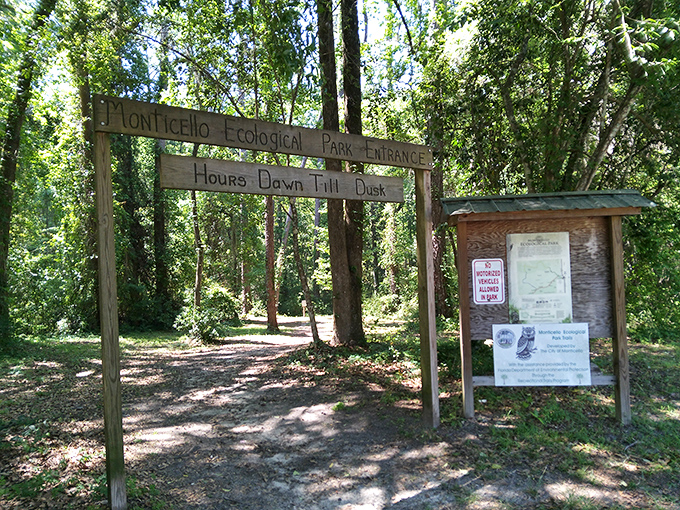 The Monticello Ecological Park entrance promises adventure without the need for FastPasses or overpriced bottled water.