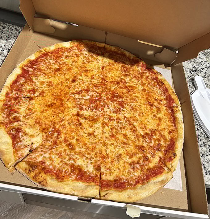 The quintessential cheese pizza&mdash;where the true test of any pizzeria lies. That golden-brown perfection speaks volumes about what's happening in the kitchen.