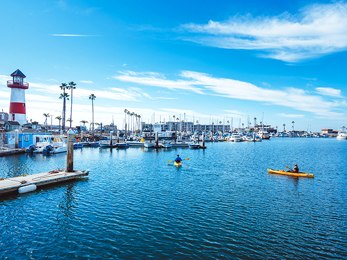 Oceanside Harbor's lighthouse stands sentinel over kayakers exploring the protected waters. A postcard-perfect scene where maritime adventure awaits paddlers of all skill levels.