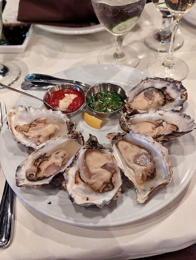 Fresh oysters arranged like nature's perfect appetizer&mdash;briny treasures from the sea served with classic accompaniments that let their ocean-kissed flavor shine.