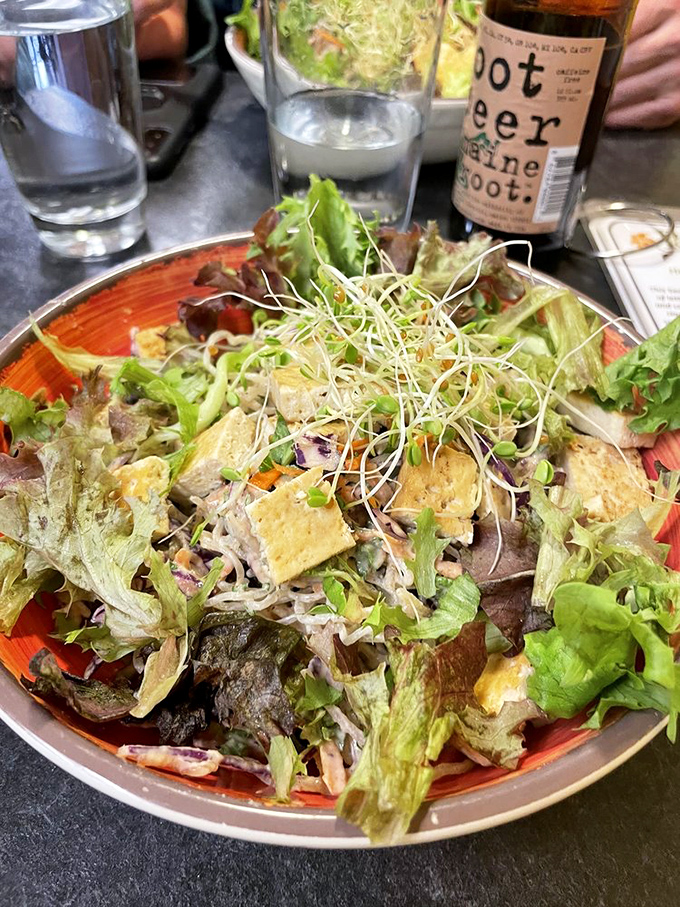 A garden party in a bowl! Fresh greens, sprouts, and tofu create a nutritional powerhouse that makes eating your vegetables feel like breaking the rules.