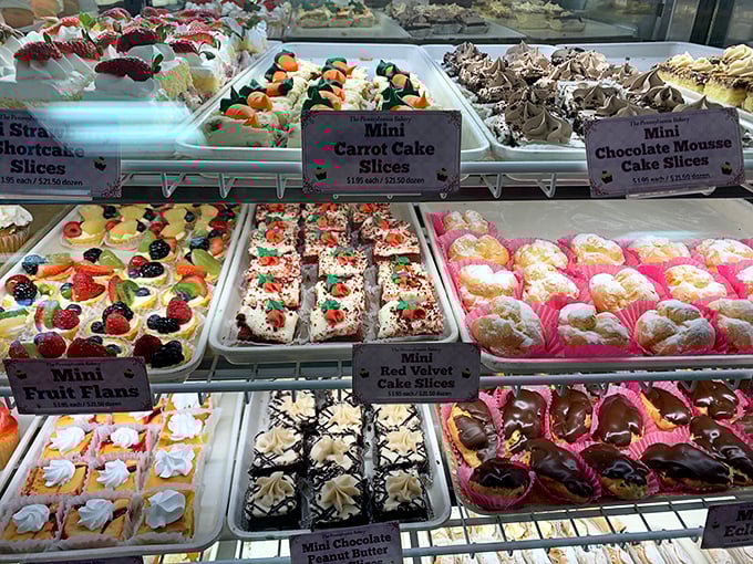 This display case isn't just a showcase&mdash;it's the United Nations of mini desserts where every sweet diplomat deserves equal appreciation.