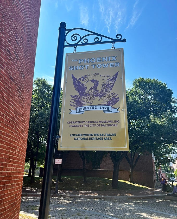 The tower's official signage: part history lesson, part patriotic flair, complete with an eagle that looks ready to scream "America!" at unsuspecting passersby.