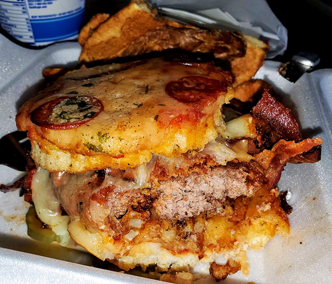 This pizza burger defies physics and logic while delivering pure, unapologetic comfort food satisfaction.