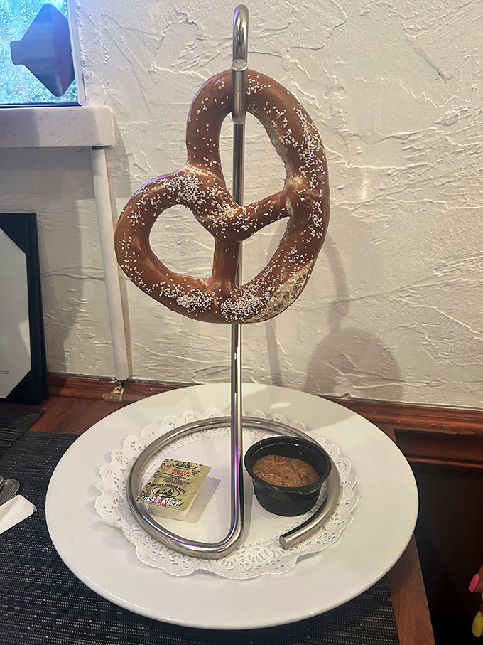 This pretzel doesn't just hang&mdash;it poses, showing off its perfect golden-brown tan and salt freckles while mustard waits patiently below.