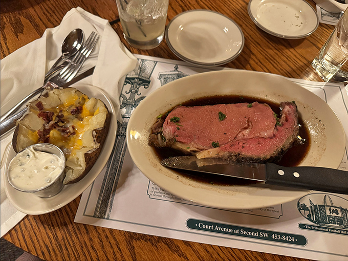 The prime rib arrives like a Hollywood star, sliced thick and swimming in savory au jus.