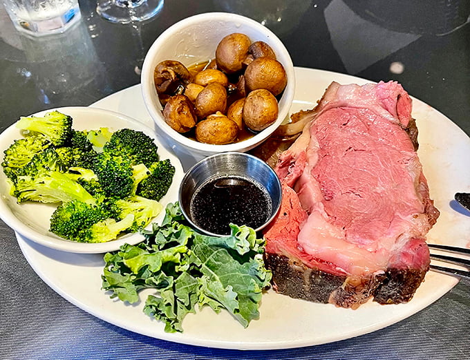 Prime rib cooked to that perfect shade of pink, with sides that know their supporting role but still manage to steal scenes. Broccoli never had it so good.
